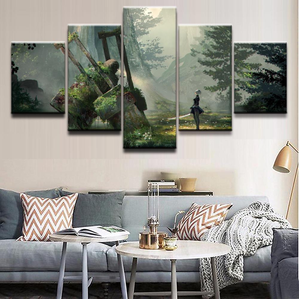 NieR Automata YoRHa 2B In The Forest Gaming – 5 Panel Canvas Art Wall Decor