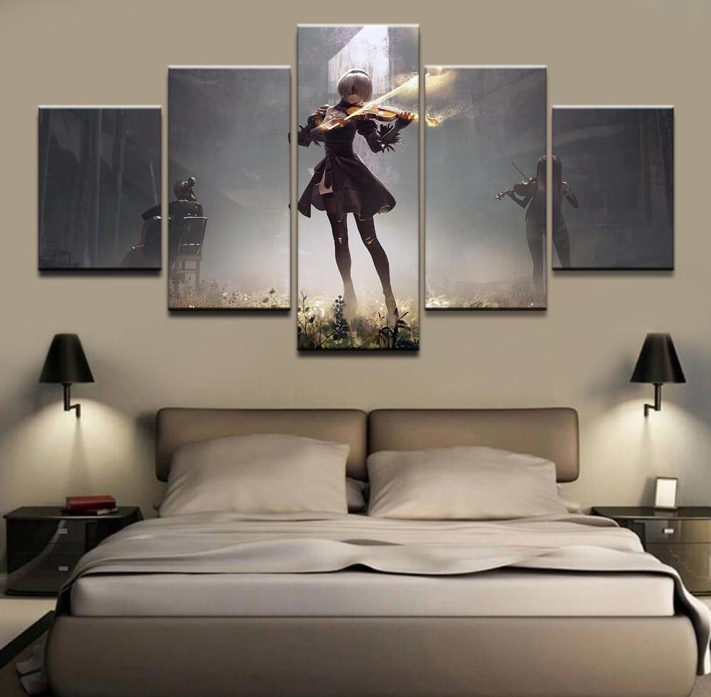 NieR Automata YoRHa 2B Playing Violin Gaming – 5 Panel Canvas Art Wall ...